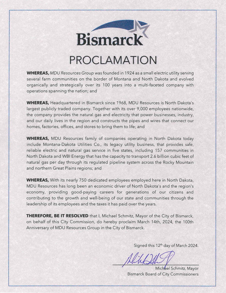 City of Bismarck honors MDU Resources' 100th anniversary with a ...